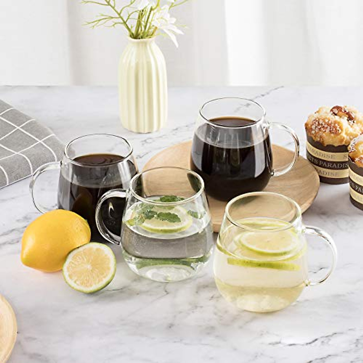 Farielyn-X Glass Coffee Mugs Set of 6, Microwave Safe Borosilicate Glass Cups, 15 Ounce Large Mugs Gifts for Family, latte, Chocolate & Beverage, Mocha, Cappuccino, Tea and Water, Clear Drinking Cups