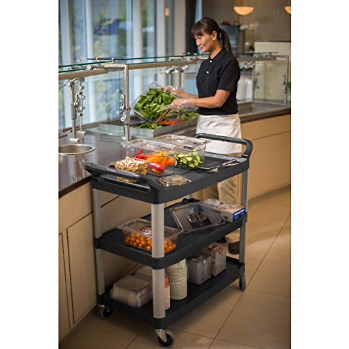 Rubbermaid Commercial Products Heavy Duty 3-Shelf Rolling Service/Utility/Push Cart, 200 lbs. Capacity, Black, for Foodservice/Restaurant/Cleaning/Workplace