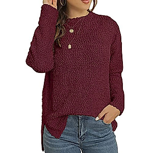 GRECERELLE Women’s Fuzzy Knitted Sweater Sherpa Fleece Side Slit Long Sleeve Loose Fit Jumper Outwears Pullover Sweater Blouse Wine Red-Mudium