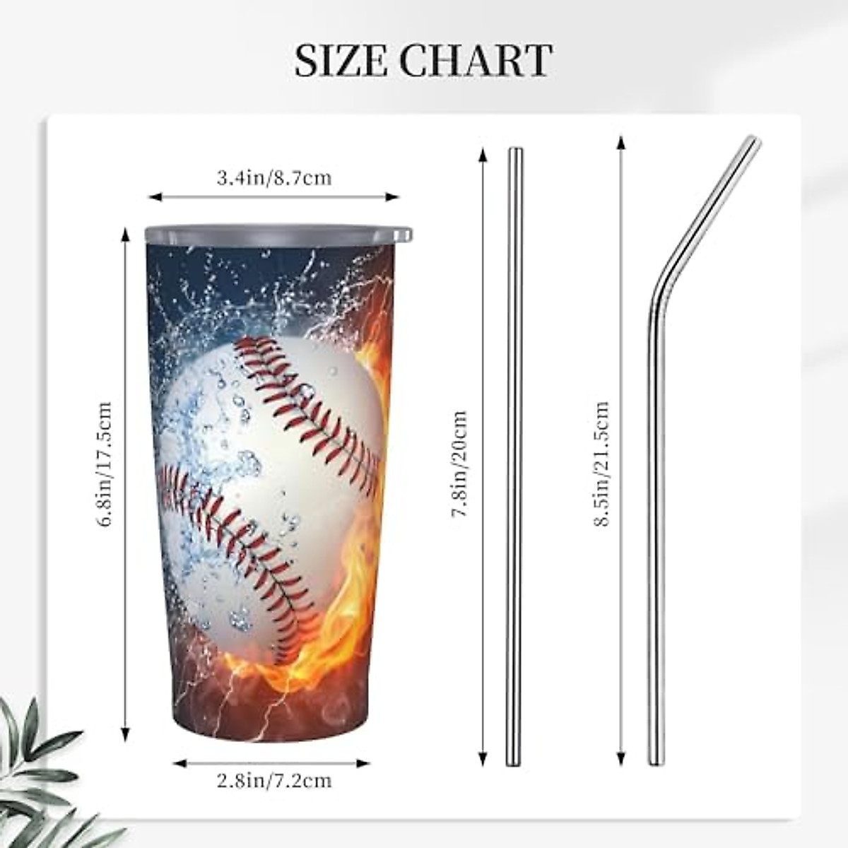 IYERSKD 3D Print Baseball White Ball in Fire and Water 20 oz Stainless Steel Tumbler Vacuum Insulated Leakproof Travel Mug for Car Office Gym