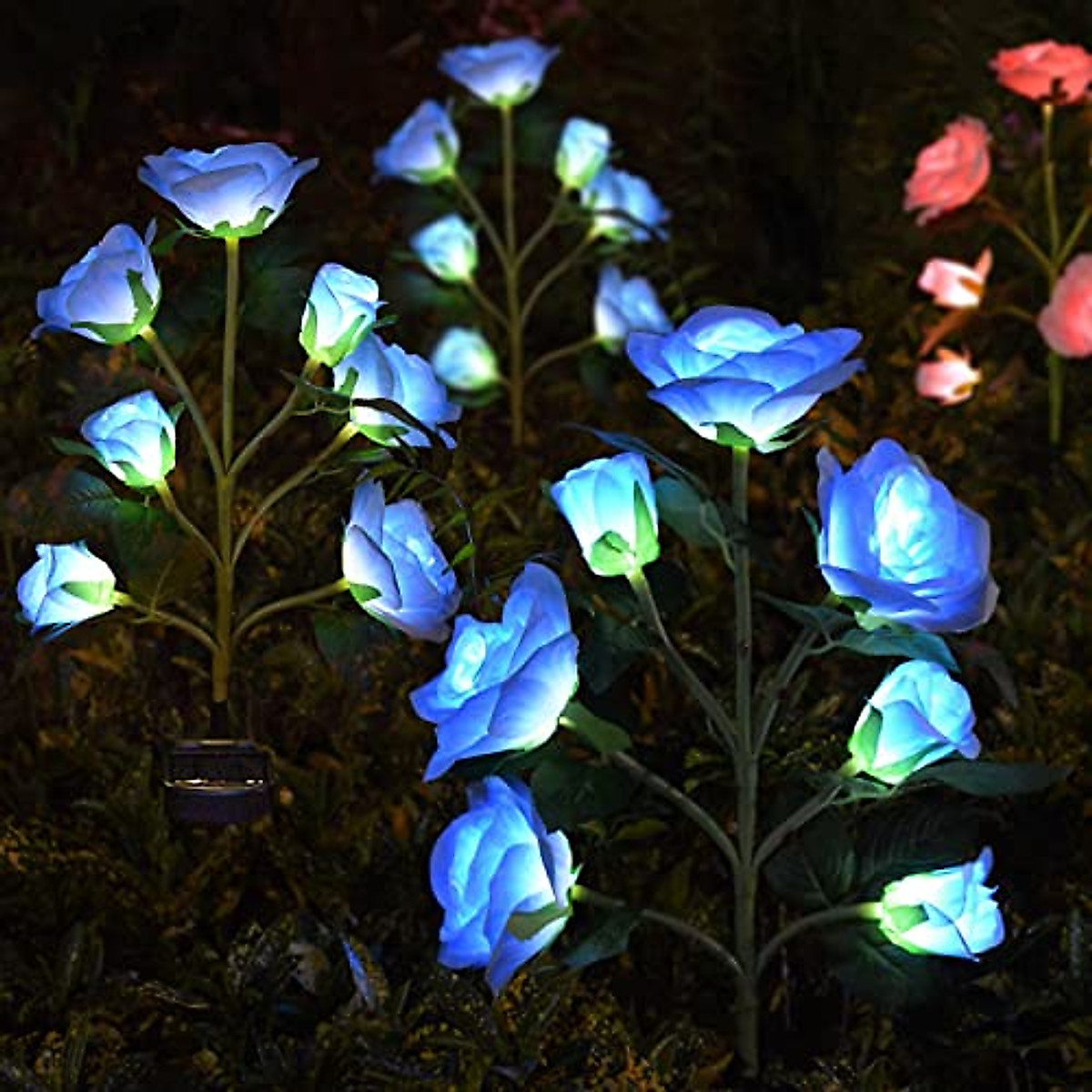 Chasgo Blue Rose Flower Lights Solar Garden Stake Lights with 7 LED Rose Lights Outdoor Waterproof Solar Decorative Lights for Garden Yard Lawn Memorial Cemetery Decoration