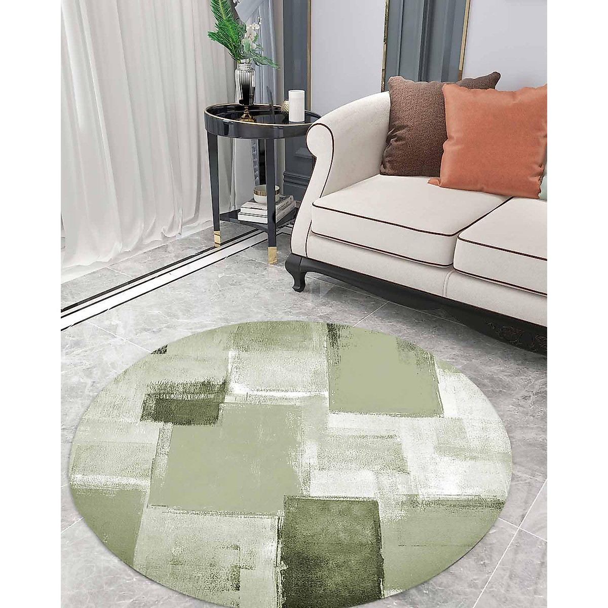 Sage Green Geometric Fluffy Round Area Rug Carpets 3ft, Plush Shaggy Carpet Soft Circular Rugs, Non-Slip Fuzzy Accent Floor Mat for Living Room Bedroom Nursery Decor Modern Abstract Smear Street Art