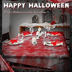Oudain 7 Pcs Halloween Bloody Gauze Tablecloth and Placemats Set 85" x 60" Horror Spooky Rectangle Table Cover and 6 Pcs Scary Table Mats for Halloween Haunted Zombie House Party Decoration