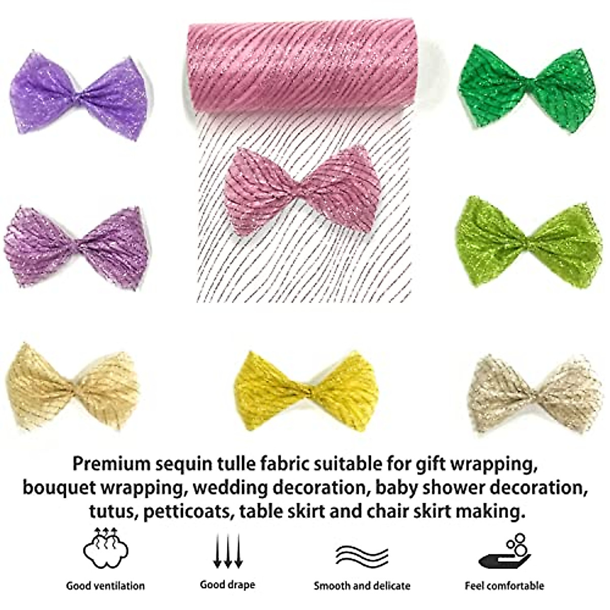 Glitter Wavy Tulle Fabric 3 Rolls 6 Inch by 30 Yards Total Sparkle Mesh Netting Fabric Ribbon Spool for Wedding Birthday Party Baby Shower Decorations DIY Tutus Petticoat Tulle Skirt Table Skirt