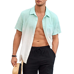 Mens Gradient Linen Shirts Casual Button Down Short Sleeve Beach Hippie Shirts Mint Green