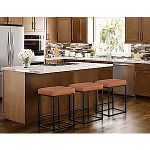 MAISON ARTS Counter Height Bar Stools Set of 3 for Kitchen Counter 24 Inch Backless Modern Barstools Industrial Upholstered Faux Leather Stools Farmhouse Island Chairs, Brown