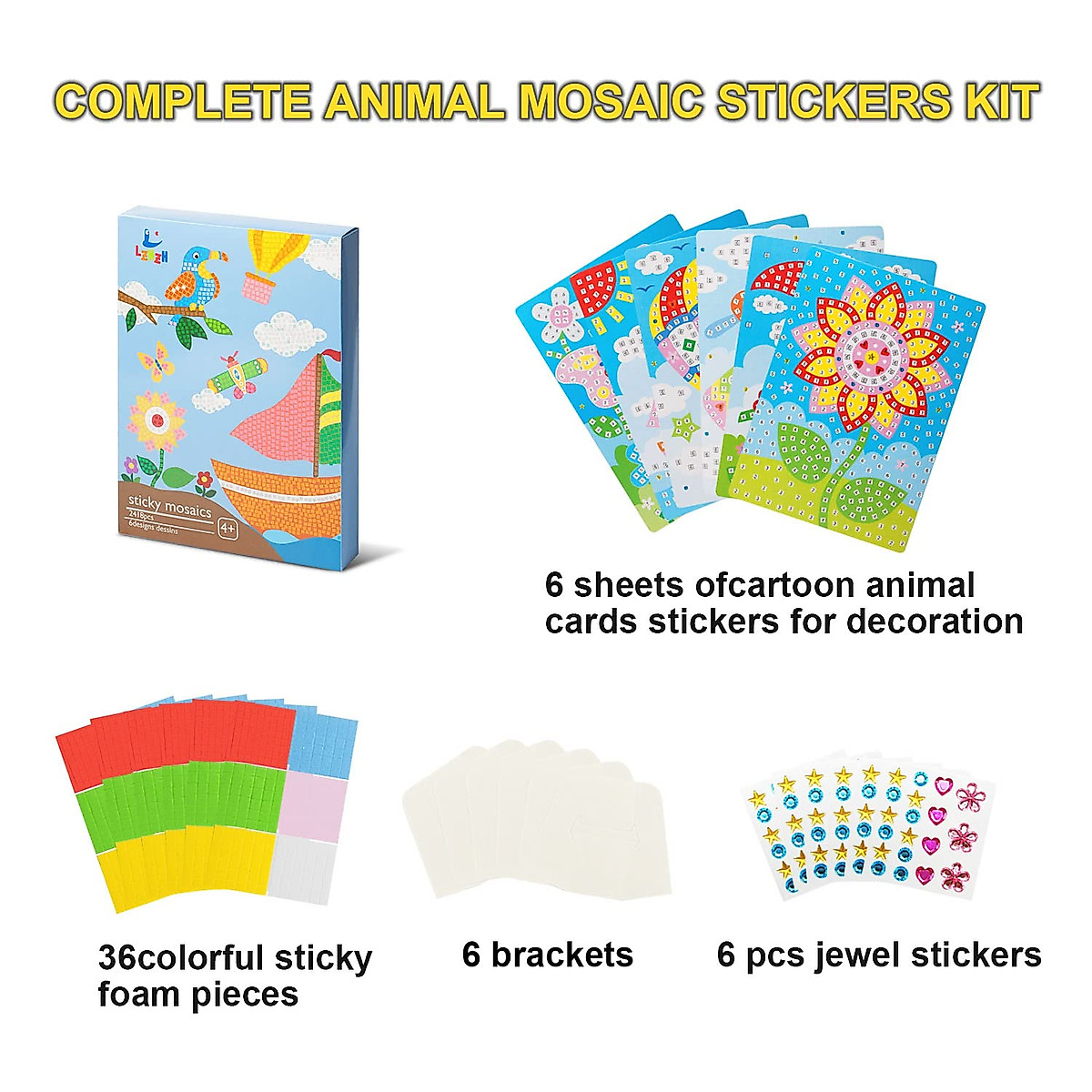 LZHZH Mosaic Sticker Art Sticky DIY Handmade Art Kits for Kids - Sunflower, Butterfly, Sailboat, Woodpecker, hot air Balloon, Airplane (6 Pack)