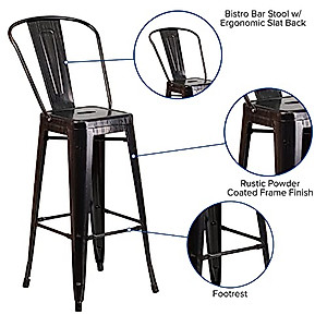 EMMA + OLIVER Commercial Grade 30" H Black-Gold Metal Indoor-Outdoor Barstool with Back