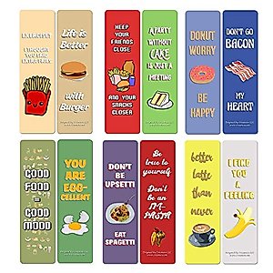 Creanoso Funny Food Sayings Bookmarks (30-Pack) – Six Assorted Quality Bookmarker Cards Bulk Set – Premium Gift for Food Lovers, Chefs, Cooks, Men & Women, Adults – Corporate Giveaways