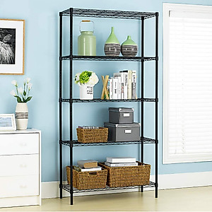 Black 5 Shelf Wire Shelving Unit, Garage NSF Metal Shelf Organizer Large Storage Shelves Heavy Duty Height Adjustable Utility Commercial Grade Steel Layer Shelf Rack (1250 LBS Capacity) - 72x36x14