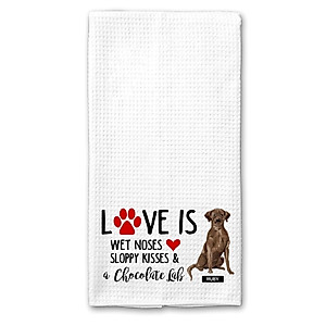 The Creating Studio Personalized Love is Wet Noses Sloppy Kisses and a Chocolate Labrador Retriever Waffle Kitchen Towel -15"x25" Housewarming Gift, Dog Lover Gift