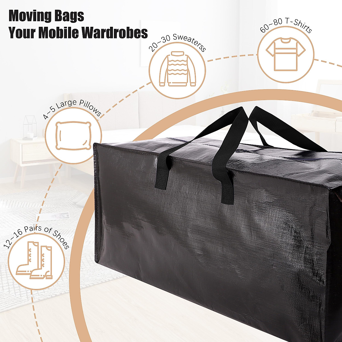 NATURELUX Heavy Duty Moving Bags with Backpack Straps and Strong Handles, Alternative to Moving Boxes and Storage Totes for Dorm Room Essentials, 6 Pack, Black