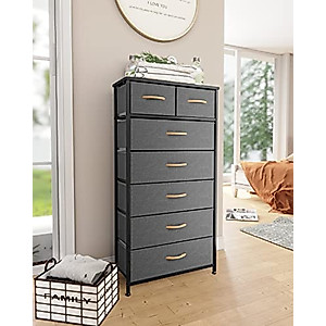 Pellebant Dresser for Bedroom with 7 Drawers, Tall Dresser Vertical Storage Tower, Sturdy Metal Frame, Fabric Storage Bins with Wooden Handle and Wooden Top, Organizer Unit for Closet/Hallway, Grey