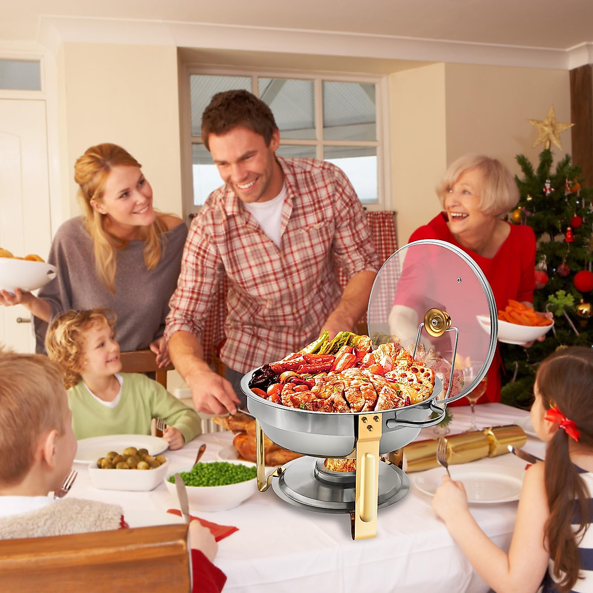 SETLUX 5QT Round Chafers for Catering Chafing Dishes for Buffet Gold Set,Chafers and Buffet Warmers Sets for Parties 4.5L(Gold 4 Pack)