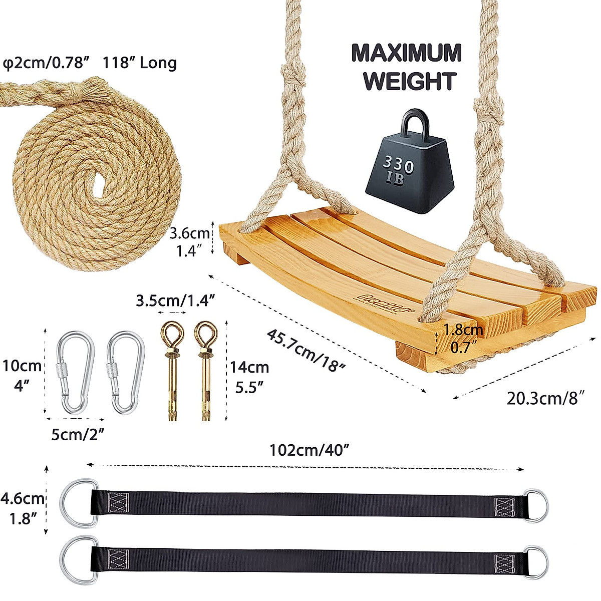 Premkid Wooden Swing, Swing Seat 18"x 8"x 1.4", Tree Swing for Adults and Kids, Indoor Swing with Rose Garland, Adjustable Hemp Rope Plus Tree Straps 100 inch, Swing Set for Indoor Outdoor