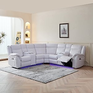 Eafurn 106.3" Manual Reclining Sectional Set w/ 2 Center Consoles,Faux Leather Upholstered Motion 4 Cup Holders and LED Light Strips,Symmetrical Corner Sofa & Couches, Home Theater Lounge Seat, White