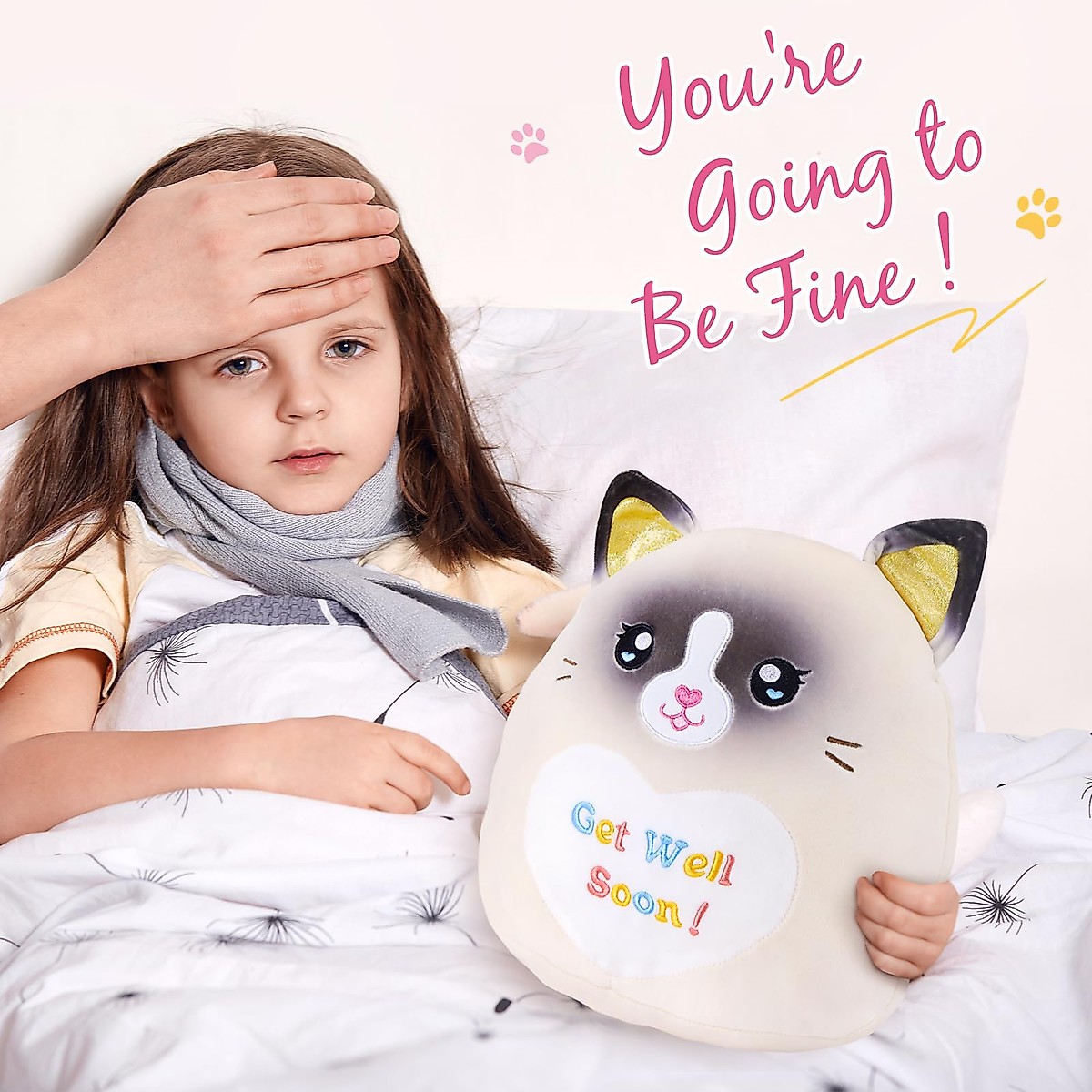 CozyWorld 13.5" Get Well Soon Cat Plush Pillow Soft Cute Cat Stuffed Animal Get Well Soon Gift for Women Girls Kids Patient Feel Better Plush Toy