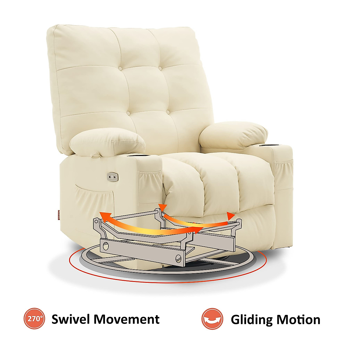 MCombo Large Power Swivel Glider Rocker Recliner Chair with Vibration and Heat for Nursery and USB Ports, Cup Holders and Pockets, Faux Leather 7748 (No Lift Chair) (Cream White, Large)