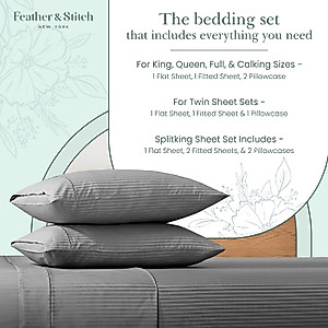Feather & Stitch 500 TC Full Size Damask Bed Sheet Set, 100% Cotton Soft Breathable Bedsheets, 4 Piece 18" Deep Pockets Sateen Weave Striped Bedding Mattress Resort Hotel Luxury- (Grey, Full)