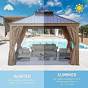 12 * 12FT Hardtop Gazebo Pavilion Aluminum Frame with Galvanized Steel Canopy Outdoor Permanent Gazebo with Netting and Curtains Deck Backyard Heavy Duty Sunshade Large Metal Patio Gazebo, Brown