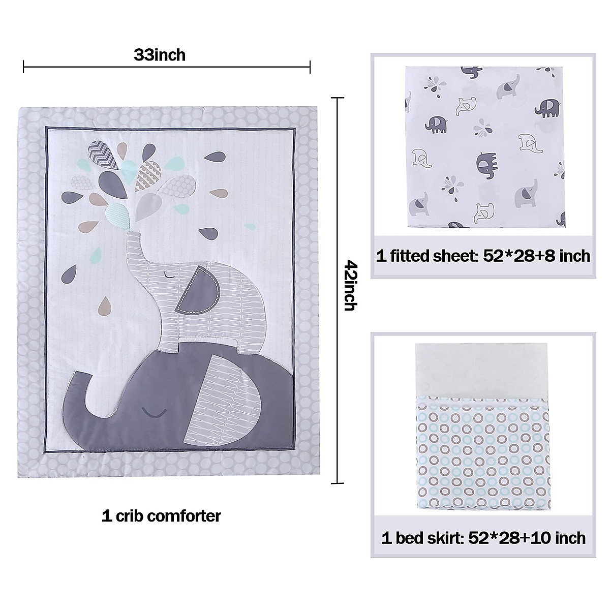 Wowelife Gray Crib Bedding Set, Premium 3-Piece Baby Bedding Set Elephant,Crib Bedding Set for Baby, Breathable and Soft for Boy and Girl