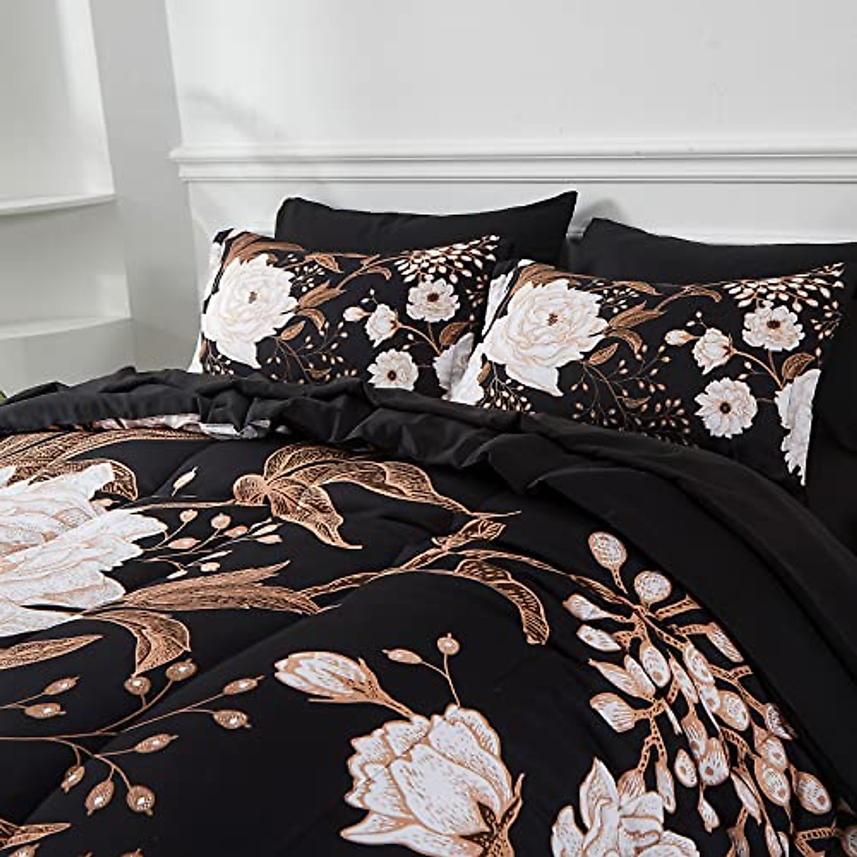 Yogeneg 7 Piece Bed in a Bag King Size Comforter Set Botanical Floral Bedding Set,White Flower Leaves Printed on Black Reversible Design,Soft Microfiber Comforter with Sheet Set,All Season(Black,King)