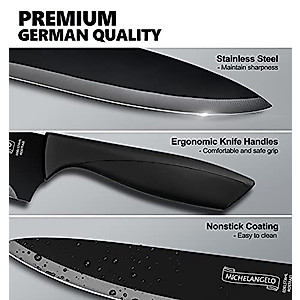 MICHELANGELO Kitchen Knife Set with Block, Sharp Black Knife Set for Kitchen, 16 Piece Stainless Steel Cooking Knife Set with Sharpener, Includes Steak Knives Set, Chef Santoku Knives, Black