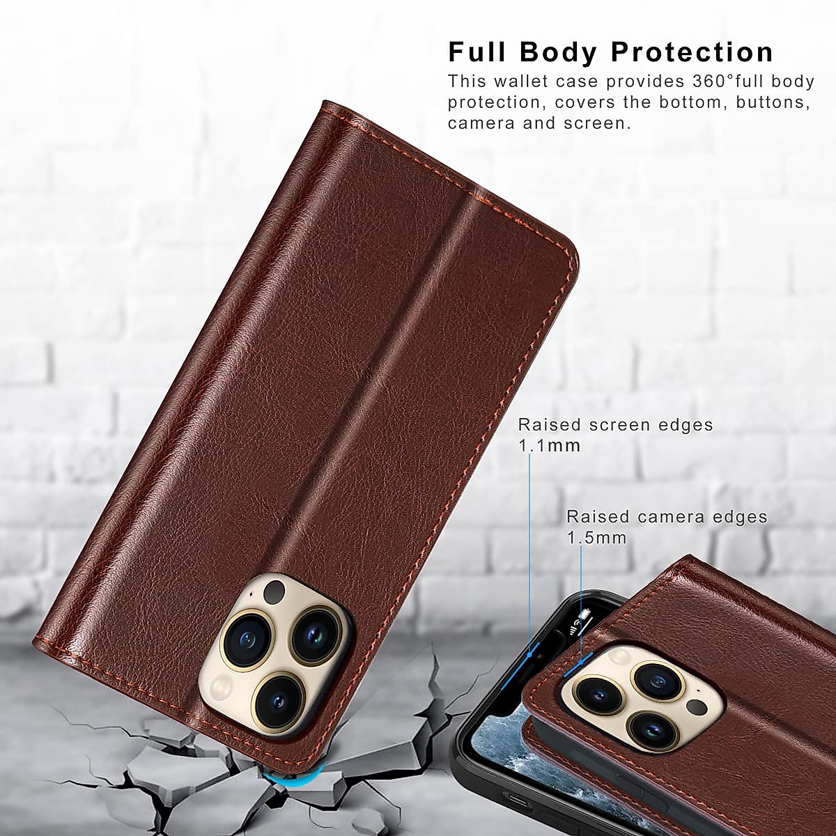 Belemay Compatible with iPhone 15 Pro Case Wallet-Genuine Leather-RFID Blocking Card Holders-Shockproof TPU Shell-Kickstand-Durable Flip Cover-Book Folding Phone Case Women Men (6.1-inch) Brown