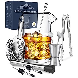 Cocktail Mixing Glass, veecom 18oz Mixing Glass 10 Piece Old Fashioned Kit, Cocktail Mixing Glass Set Bartender Kit with Cocktail Strainer, Muddler, Spoon, Jigger, Ice Tongs, Picks, Pourers, Bar Set