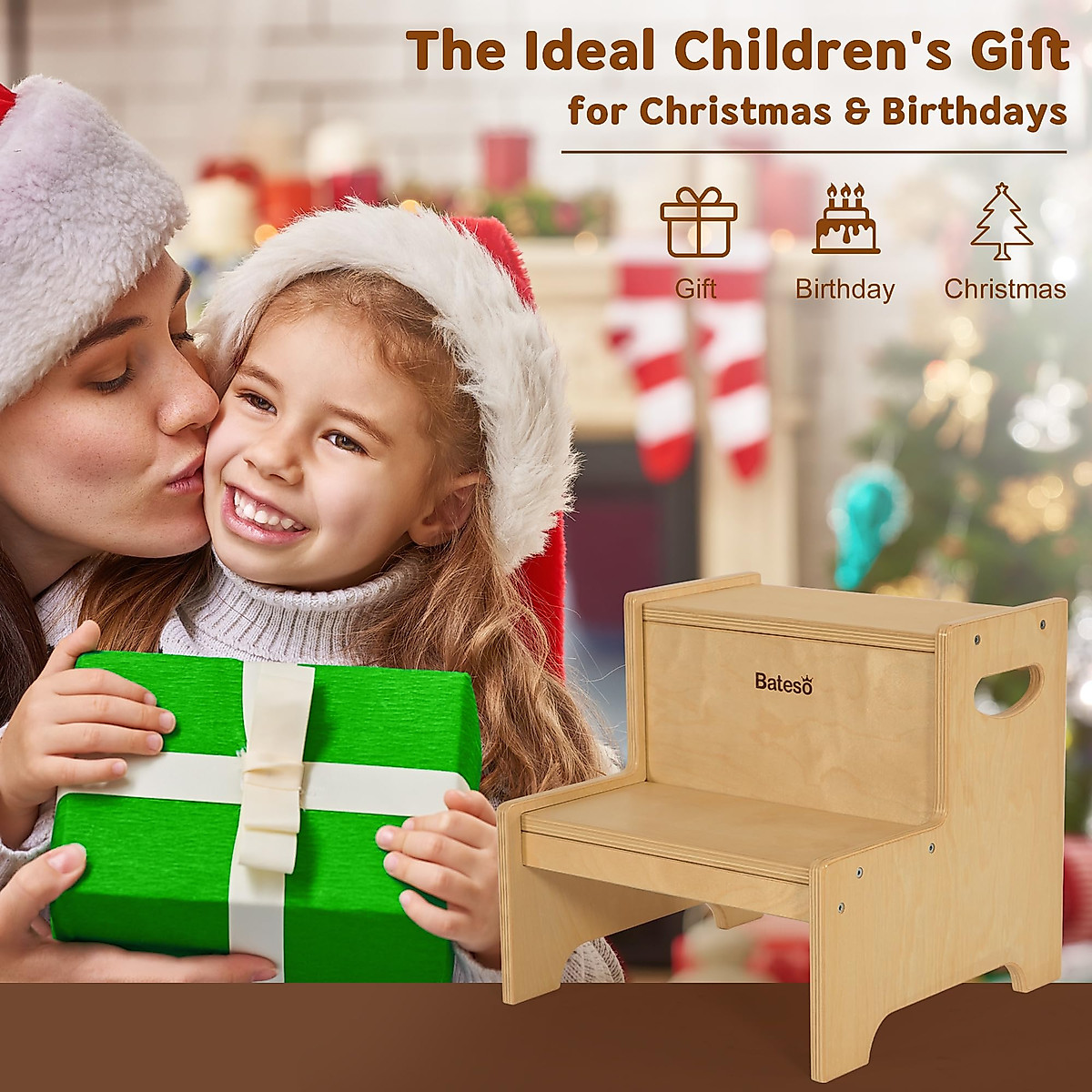 Bateso Step Stools for Kids, Wooden Toddler Step Stool for Bathroom Sink with Safety Anti-Slip Mat and Strip, Assembly Easily, Sturdy Kid Step Stool for Brushing Teeth, Kitchen, Toilet Potty Training