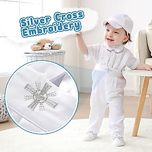 Booulfi Baptism Christening Outfits for Boys Easter Outfit Baby Boys Clothes Church Blessing Suits Summer Gentleman Birthday Wedding Outfit with Dress Shirt Bowtie Suspender Pants Hat 12-18 Months