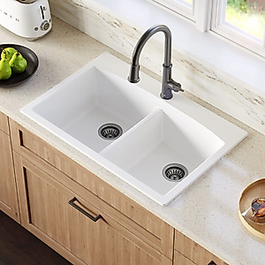 Karran QT-710 Drop-in Quartz Composite 33 in. 1-Hole 50/50 Double Bowl Kitchen Sink Kit in White