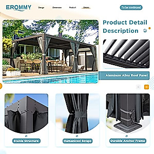 EROMMY 10' x 20' Outdoor Louvered Pergola, Patio Hardtop Gazebo, Sun Shade Shelter, Adjustable Metal Roof Hardtop Gazebo for Deck Patio Garden Yard, Curtains and Netting Included, Gray-Black