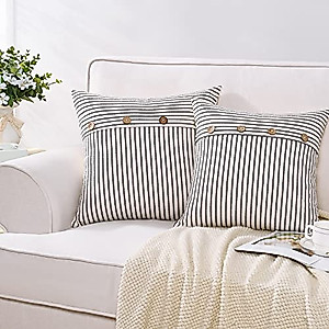 Farmhouse Button Pillow Covers 18 x 18, Black and Beige Striped Patchwork Pillow Covers, Set of 2 Modern Accent Square Couch Pillow Cases, Decorative Pillowcases with Buttons for Sofa Couch Bed