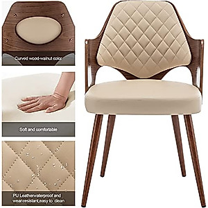 AQG Mid Century Modern Dining Chairs Set of 2, Upholstered Faux Leather Walnut Curved Back Contemporary Kitchen Dining Accent Chair, Minimalist Vintage Style (Beige, Pack of 2)