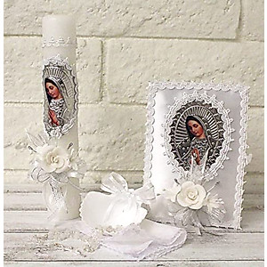 Elegant Handmade 5 Piece Our Lady Guadalupe Virgin Mary Foil Picture Lace Baptism Christening Shells Candle Set Favors Girl Boy White Set de Bautizo Espanol Nina Nino Communion Lace Gift Box