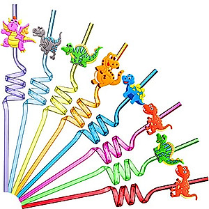 24 Pieces Reusable Dinosaur Straws Plastic Dinosaur Straws for Kids Safari Jungle Dinosaur Theme Straws for Dinosaur Party Decoration Supplies Birthday Party Favors, 8 Styles