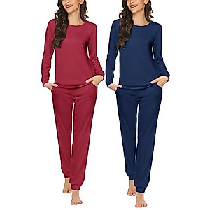 Ekouaer 2 Pack Womens Pajama Set Long Sleeve Sleepwear Star Print Nightwear Soft Pjs Lounge Sets with Pockets Wine Red&Navy Medium