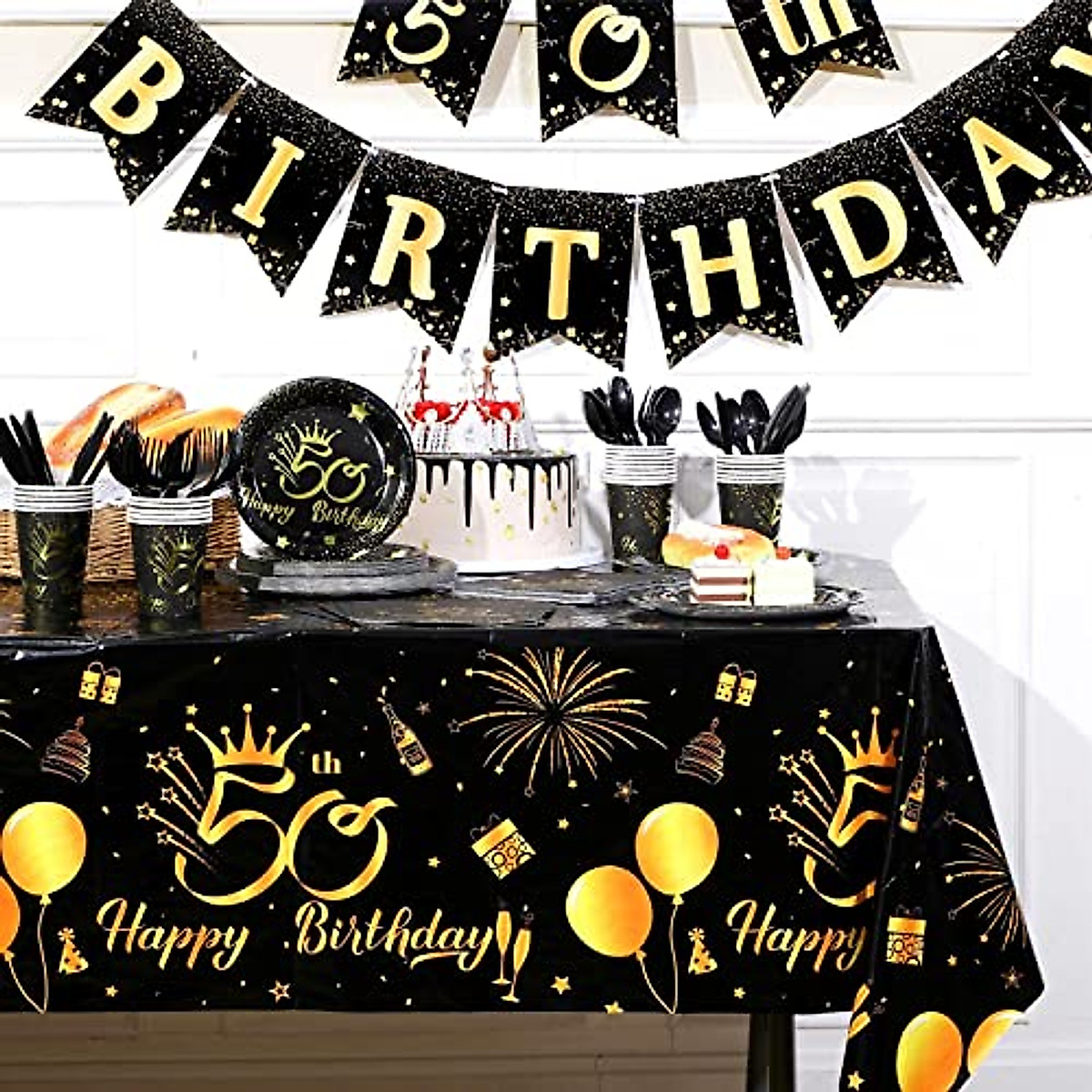 Remagr 3 Pack 50th Happy Birthday Tablecloth Disposable Plastic Table Cover Rectangular Black and Gold Cloths for Parties Decoration Supply Men Women Birthday, 54 x 108 Inch(50th), 54'' 108''