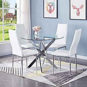 NIERN Round Tempered Glass Dining Table Set for 4, 5-Piece Modern Kitchen Table Set with 4 High-Back Upholstered Chairs for Kitchen Dining Room (Silver Table with White Chairs)