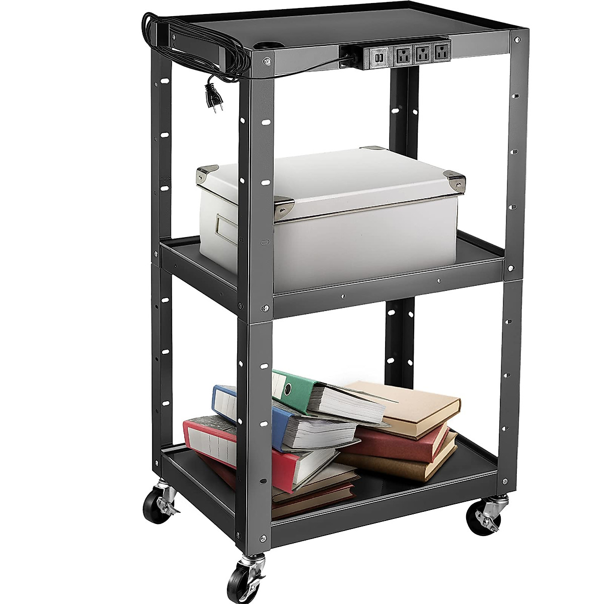 VEVOR Steel AV Cart, 24-42" Height Adjustable Media Cart with Electric Power Cord, 24 x 32 Presentation Cart with 3 Shelves, 150 LBS Rolling Projector Cart with and 2 Brakes Suitable for Load-Bearing