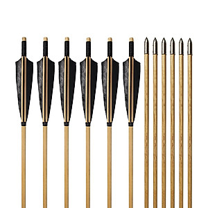 e5e10 Wooden Arrows Archery Handmade Arrows 33inch Shaft with Turkey Feather Fletching for Recurve Bow Longbow Hunting Practice 12PACK (Black)