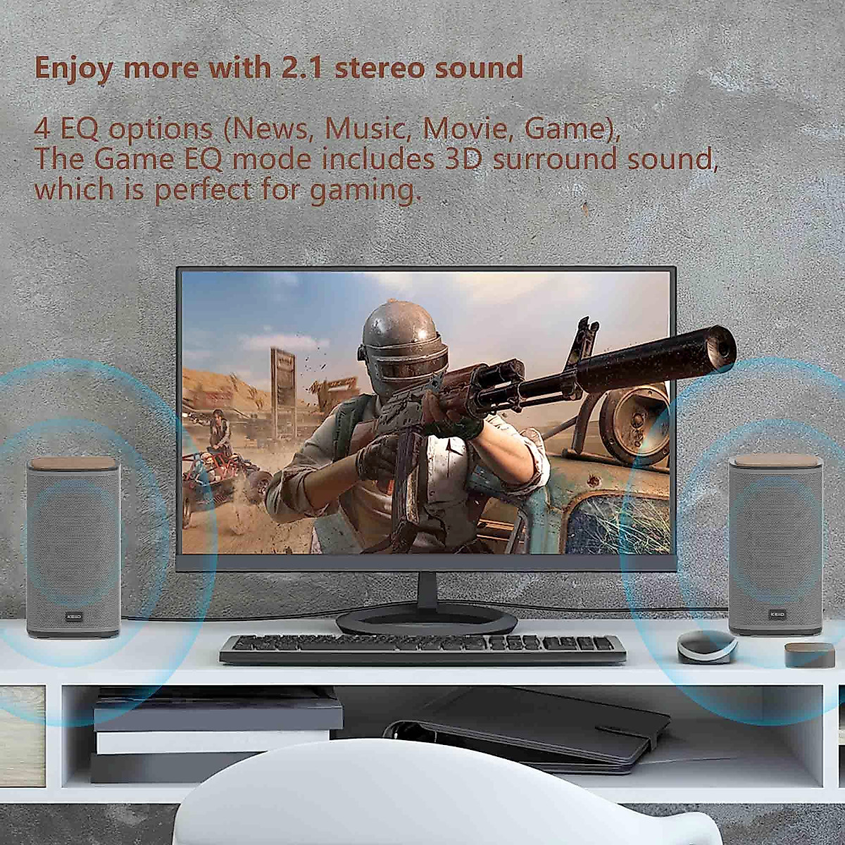 KEiiD 2.1 Bluetooth Computer Speakers with Wireless Subwoofer and Wireless Touchpad Control for Desktop Laptop PC Stereo Gaming Speakers, 4 EQ Modes, Aesthetic Style, 2025 New Model