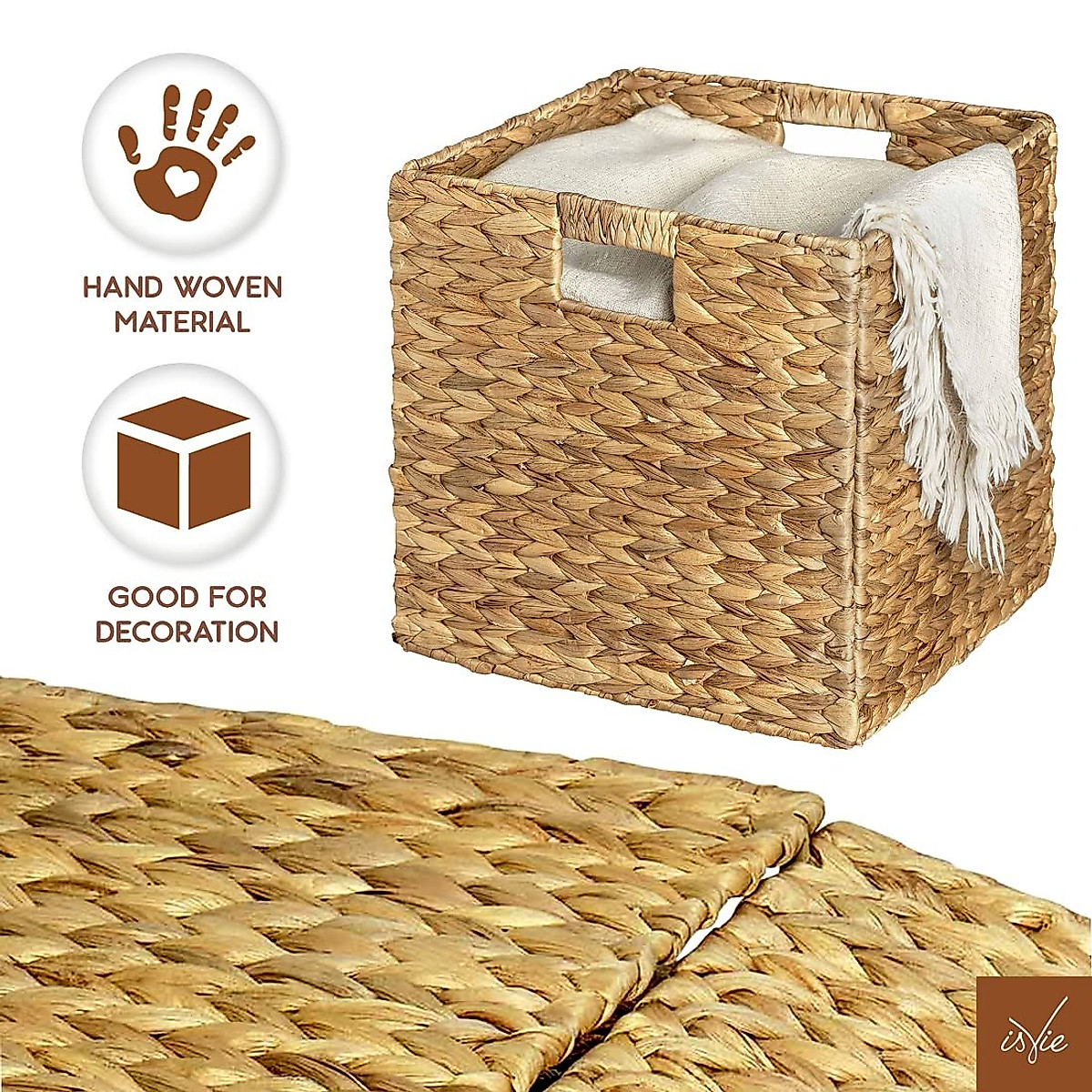 IsVie Woven Hyacinth Storage Baskets 4 Pack, Rectangle Storage Container Organizer Baskets with Built-in Handles Home Organizing Laundry Organizer Cube Baskets (Natural, Set of 4)