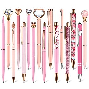 16 Pieces Crystal Diamond Fancy Pens for Kids Women Metal Ballpoint Pens Bulk Diamond Liquid Glitter Pen with Black Ink for Girl Bridesmaid Wedding Party Supplies School Office Easter (Pink Series)