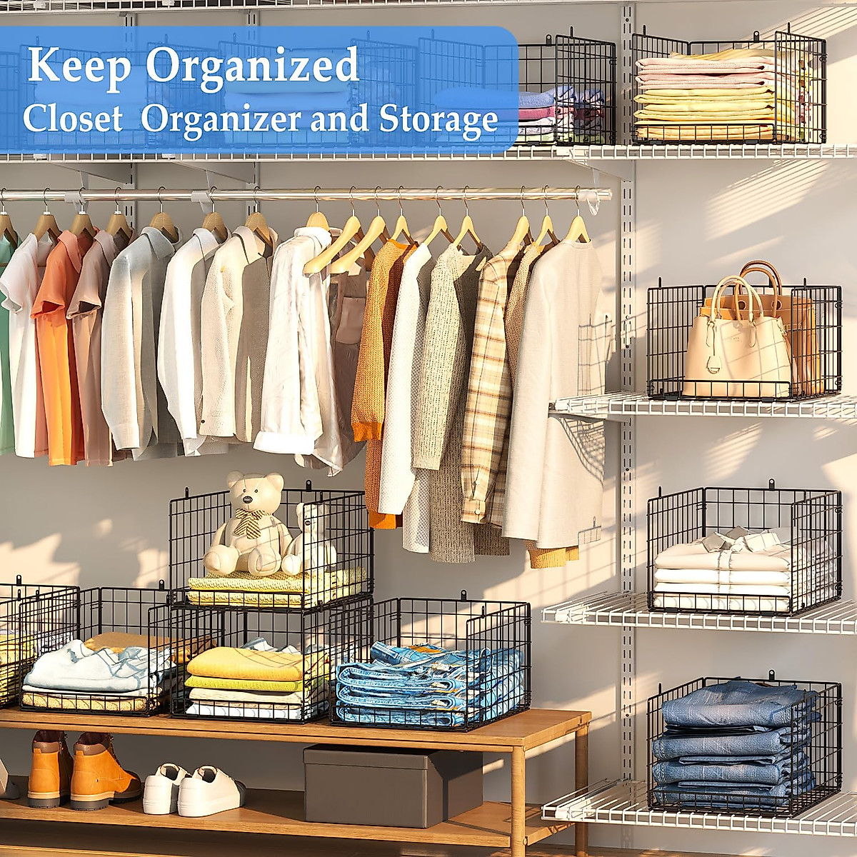 4 Pack Closet Organizers and Storage Shelves for Clothes, 4 Tier Stackable Closet Storage Basket Bin Container for Clothing Sweater Jean, Narrow, Foldable, Sturdy Metal Closet System Organizer Shelf