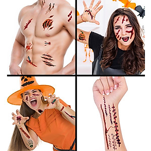 320 Pcs Halloween Tattoos,Temporary Zombie Tattoos, 30 Sheets Halloween Temporary Tattoos, Waterproof Fake Scars Horror Fake Bloody Wound Tattoo Stickers for Adult Kids Halloween Party Cosplay