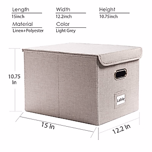 PRANDOM File Organizer Box - Set of 4 Collapsible Decorative Linen Filing Storage Hanging File Folders with Lids Office Cabinet Letter Size Light Grey (15x12.2x10.75 inch)