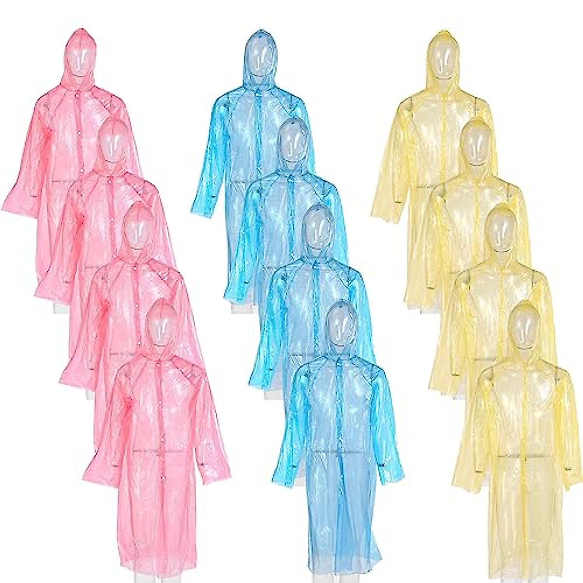 AYWVRBST 12 Pack Disposable Clear Rain Ponchos with Hood for Adults,51.1 Inches Emergency Raincoats for Camping Hiking Traveling (Red, Yellow, Blue)