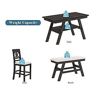 Farmhouse Counter Height 6-Piece Dining Set, Heavy Solid Wood Kitchen Dining Room Table Set, 60 in Triangular Design Bar Table with Storage Shelf, Bench and 4 Chairs with Soft Cushion (Espresso)